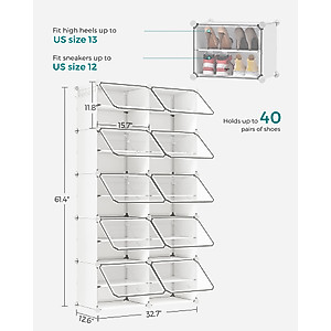 SONGMICS Shoe Rack, 10 Cubes Shoe Organizer with Doors, 40 Pair Plastic Shoe Storage Cabinet, for Bedroom, Entryway, Steel Frame, Plastic Panel, White ULPC035W01