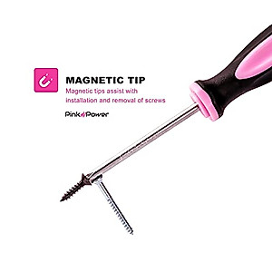 Pink Power Magnetic Screwdriver Set - 6 Piece Phillips Head and Flat Head Hand Pink Tool Set for Women & Ladies - Insulated Screwdriver Kit with Magnetic Tip - Screw Drivers Set