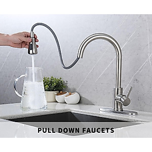 Kitchen Faucet with Pull Down Sprayer- Brushed Nickel Sink Faucets, 360° Swivel Single Handle High Arc Stainless Steel, Commercial Modern Kitchen-Faucets, 1/3 Hole, Deck Plate Included (2-Model)