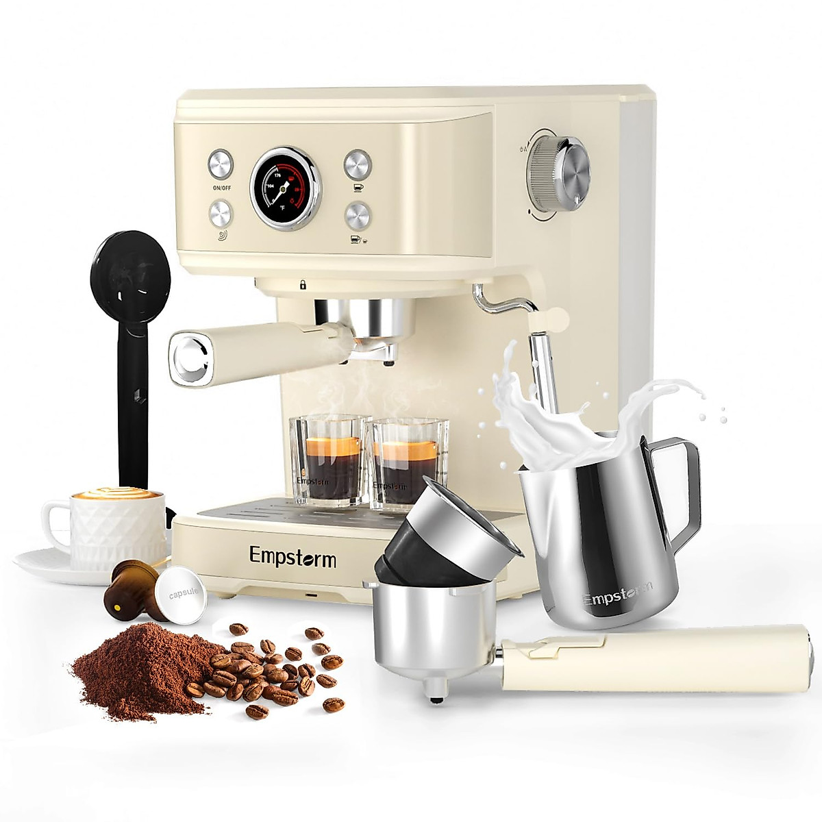 Empstorm Espresso Machine Latte Coffee Makers 20 Bar, 2 IN 1 Professional Cappuccino Machine and Milk Frother Steam Wand Compatible for NS Original Capsules for Home Brewing