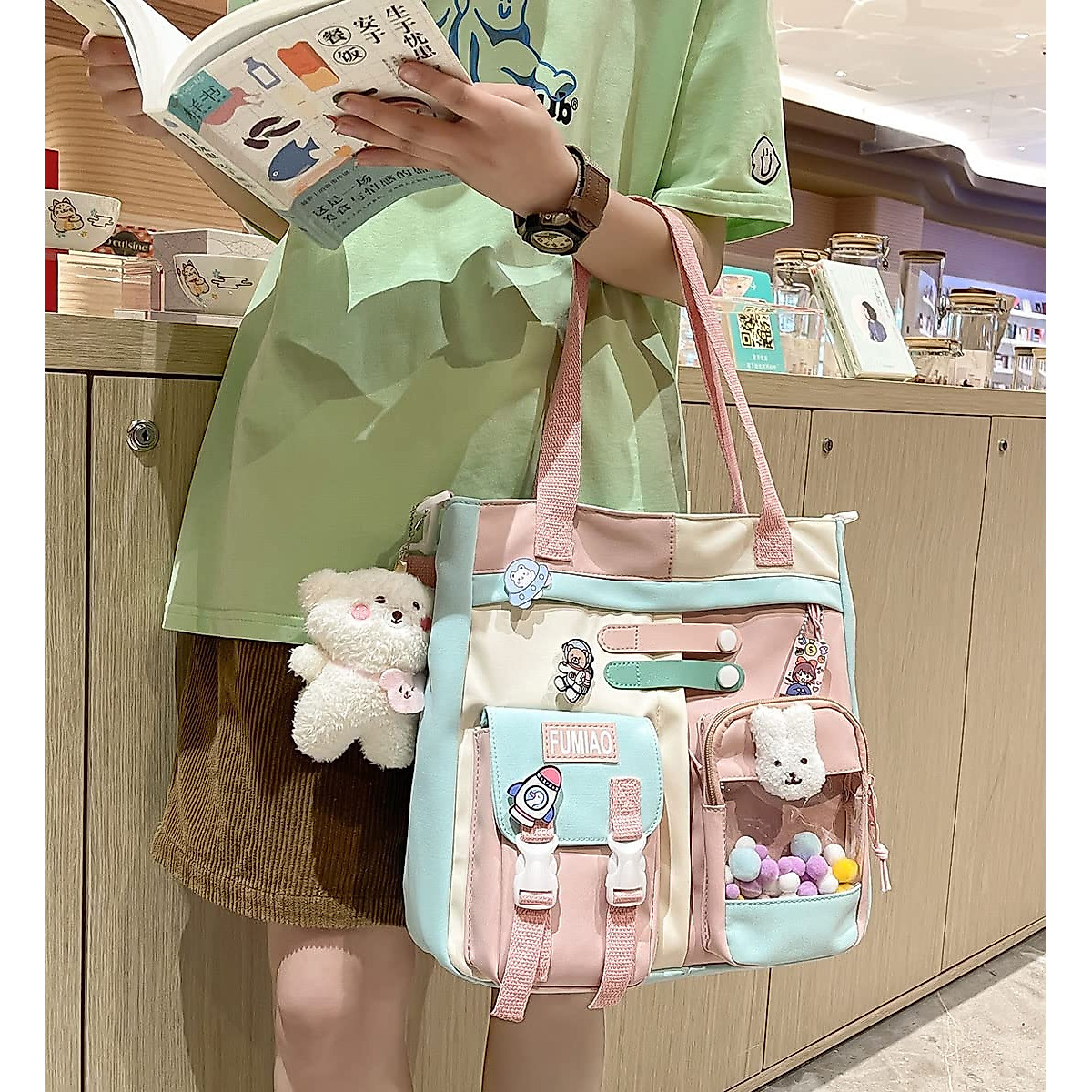 Aesthetic Messenger Bag with Kawaii Pins and Pendant for Women Cute Crossbody Bag Shoulder Tote Bag Casual Handbag(Pink &Green, One Size)