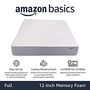 Amazon Basics Cooling Gel Memory Foam Mattress, Medium-Firm, CertiPUR-US Certified, 12 inch, Full Size, White/Gray