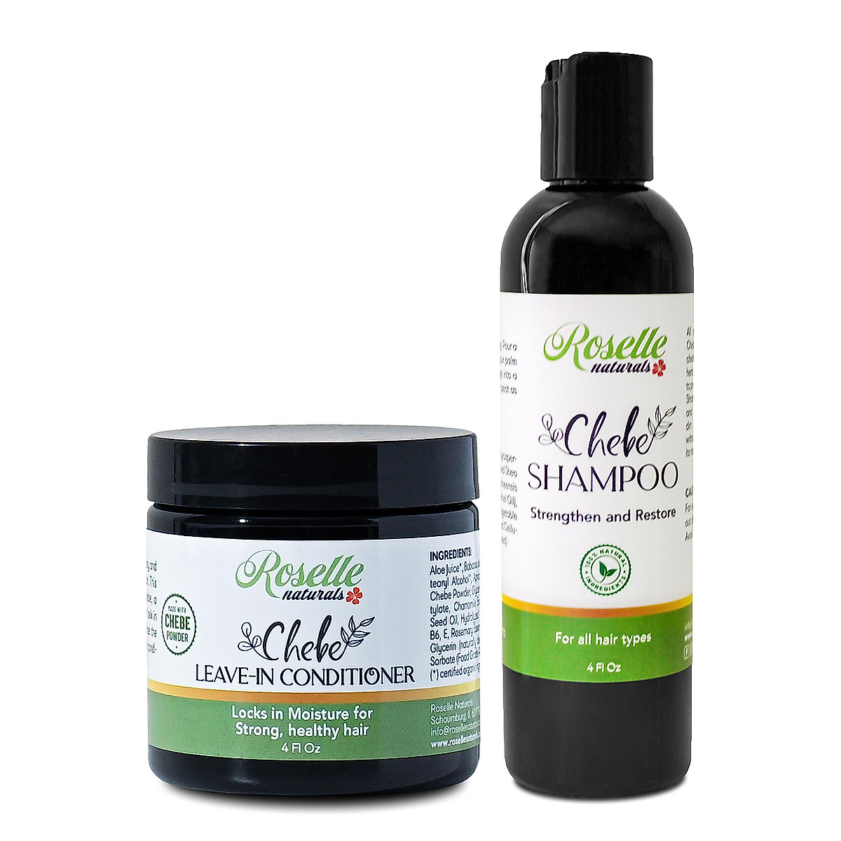 Roselle Naturals - Chebe Shampoo and Conditioner Set, Hair Moisturizer for Dry Hair Chebe Hair Growth Shampoo with Leave In Conditioner Organic, African Chebe Powder for Hair Growth Combo - 4 Ounces