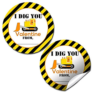 I Dig You Construction-Themed Valentine Party Favor Sticker Labels, 40 2" Party Circle Stickers by AmandaCreation, Great for Classroom Valentines, Envelope Seals, Gifts & Treats