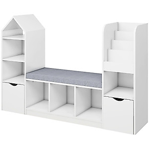 Vabches Kids Bookcase and Bookshelf with Reading Nook, Multifunctional Bookcase with 7 Storage Cubbies 2 Movable Drawers, Bookcase with Seat Cushion for Toy Storage Organizer Children's Room, Bedroom