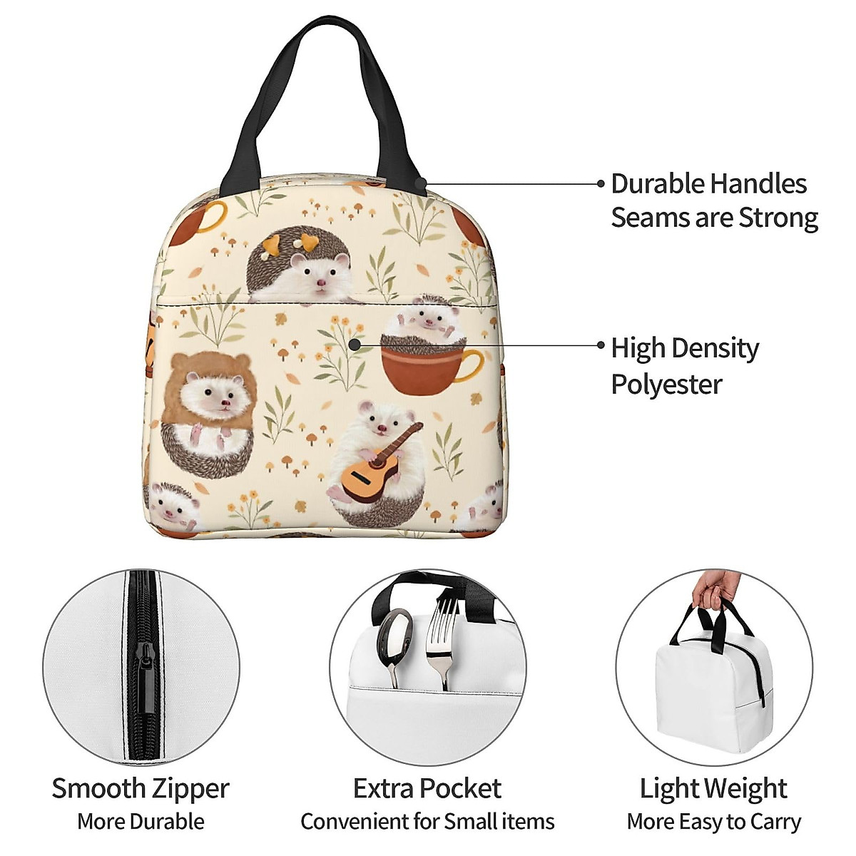 Odfovowo Portable Lunch Bags Hedgehogs Insulated Lunch Box Reusable Cooler Tote Bag with Front Pocket for Women Men Adults Work Picnic Travel
