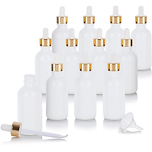 JUVITUS 2 oz Opal White Glass Boston Round Bottle with Gold Metal and Glass Dropper (12 pack) + Funnel