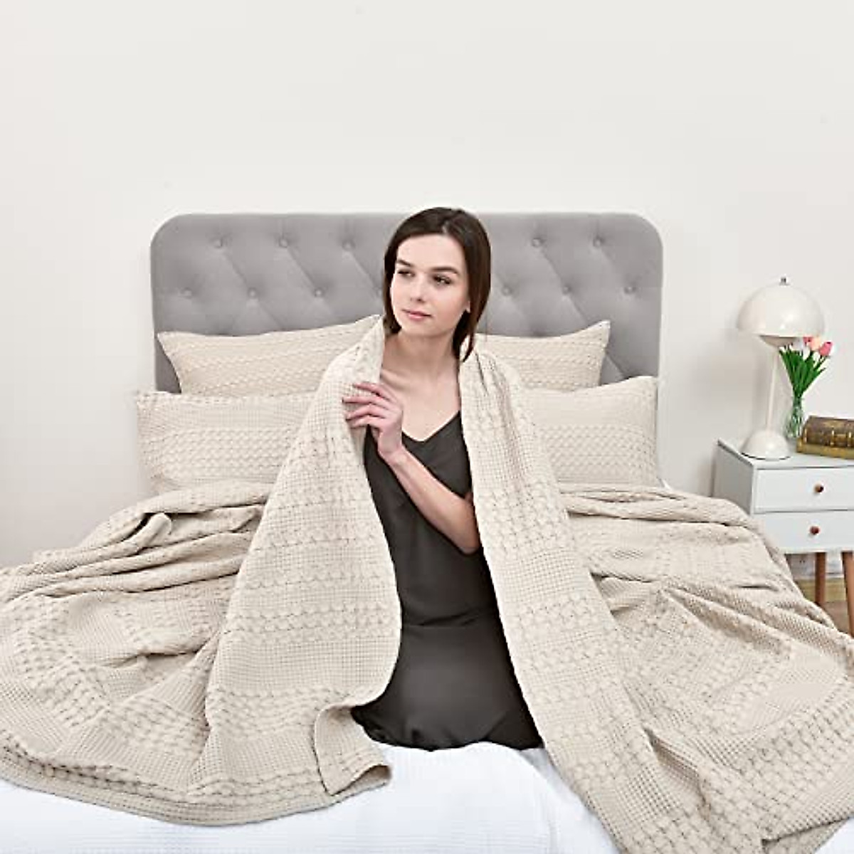 PHF 100% Cotton Waffle Weave Blanket King Size - Washed Soft Lightweight Blanket for All Season - Breathable and Skin-Friendly Blanket for Couch Bed Sofa 108"x90" - Light Khaki/Linen
