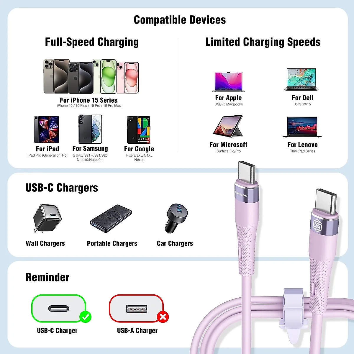 Nillkin USB C to USB C Cable, [Liquid Silicone, 4FT], 60W Type C Fast Charging Cable for iPhone 15/15 Pro/15 Plus/15 Pro Max, Samsung Galaxy S23, iPad Pro 2021, iPad Air 4, MacBook Pro 2020 Purple