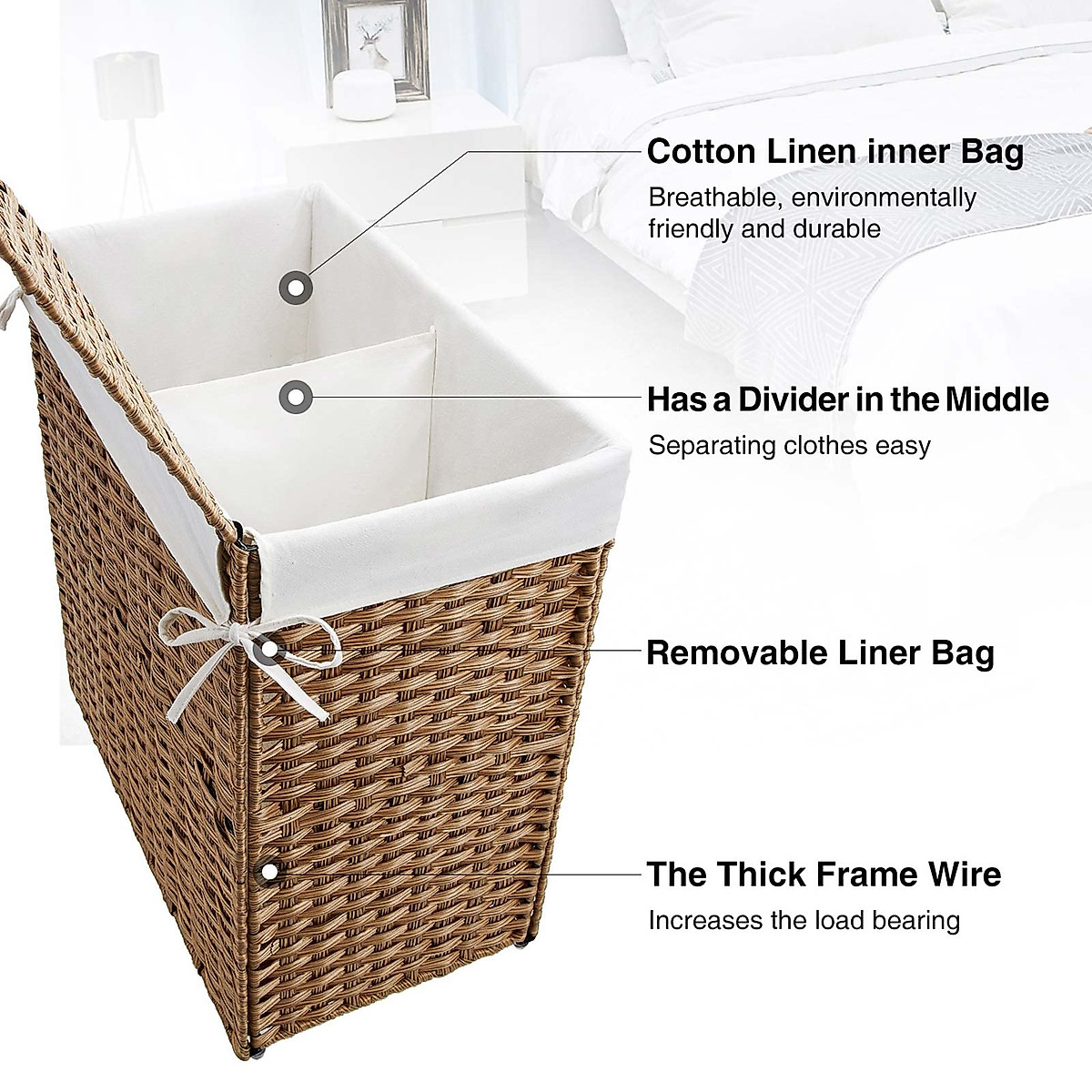 Greenstell Laundry Hamper with lid, No Install Needed, 110L Wicker Laundry Baskets Foldable 2 Removable Liner Bags, 2 Section Clothes Hamper Handwoven Rattan Laundry Basket with Handles, Natural