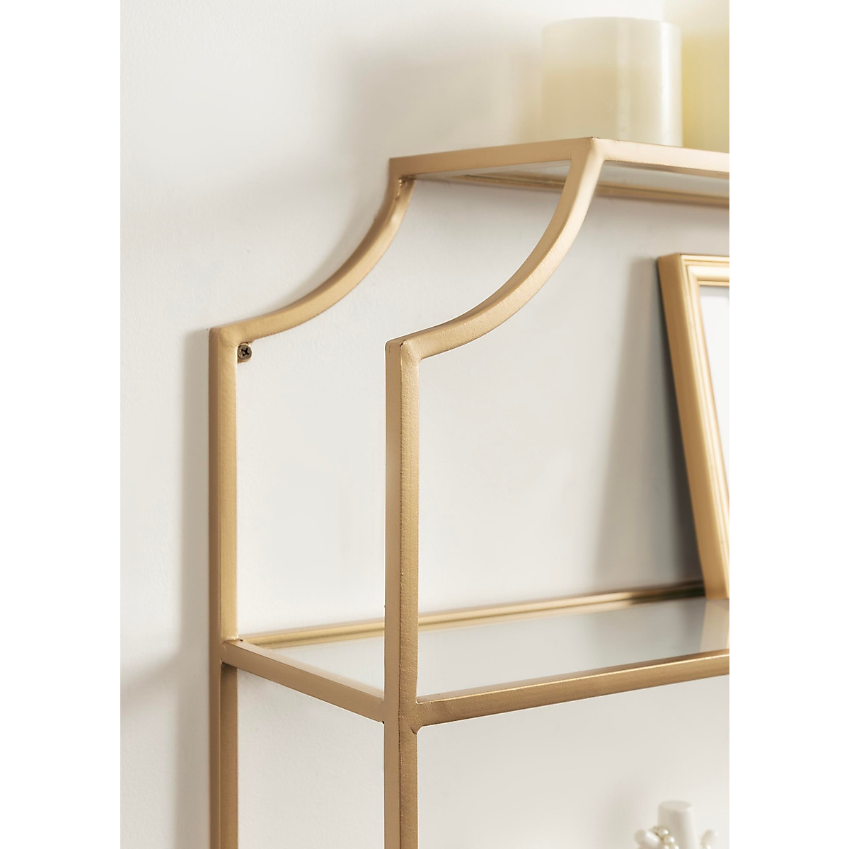 Kate and Laurel Ciel Modern Glam Wide Two-Tier Wall Shelf, 24 x 20, Gold, Tiered Bathroom Shelves for Over The Toilet Storage or Bedroom Makeup Organizer