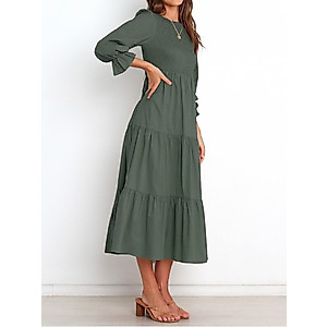 BTFBM Women Casual Long Sleeve Dress Fall Dresses 2025 Solid Color Relaxed Fit Smocked Tiered Flowy Boho Long Dresses(Solid Army Green,Large)