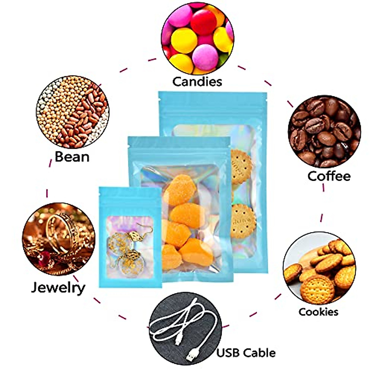 YOTOZU 100-Pack Holographic Resealable Bag Ziplock Food Storage Aluminium Foil Mylar Smell Bag Plastic Flat Packaging Pouch for Party Favor Food Candy Jewelry Lip Gloss Optional Multi Color（Blue,4x6）