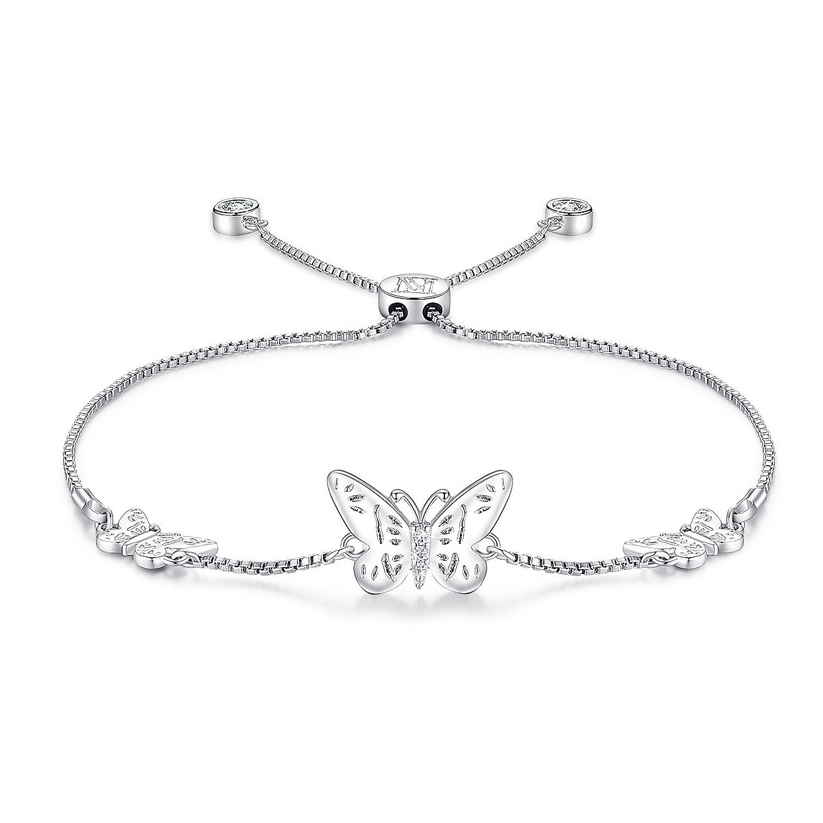 NINAMAID Silver Butterfly Charms Expandable Bolo Bracelet with Sparkling Cubic Zirconia Adjustable White Gold Plated Women Jewelry