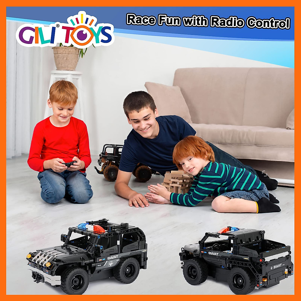 GILI 2 in 1 Remote Control Building Car Kit(355pcs), Black Police Car Stem Model Projects Toy for Kids Ages 8-12, Best Christmas Birthday Gifts for 6, 7, 9, 10, 11 Year Old Boys Girls