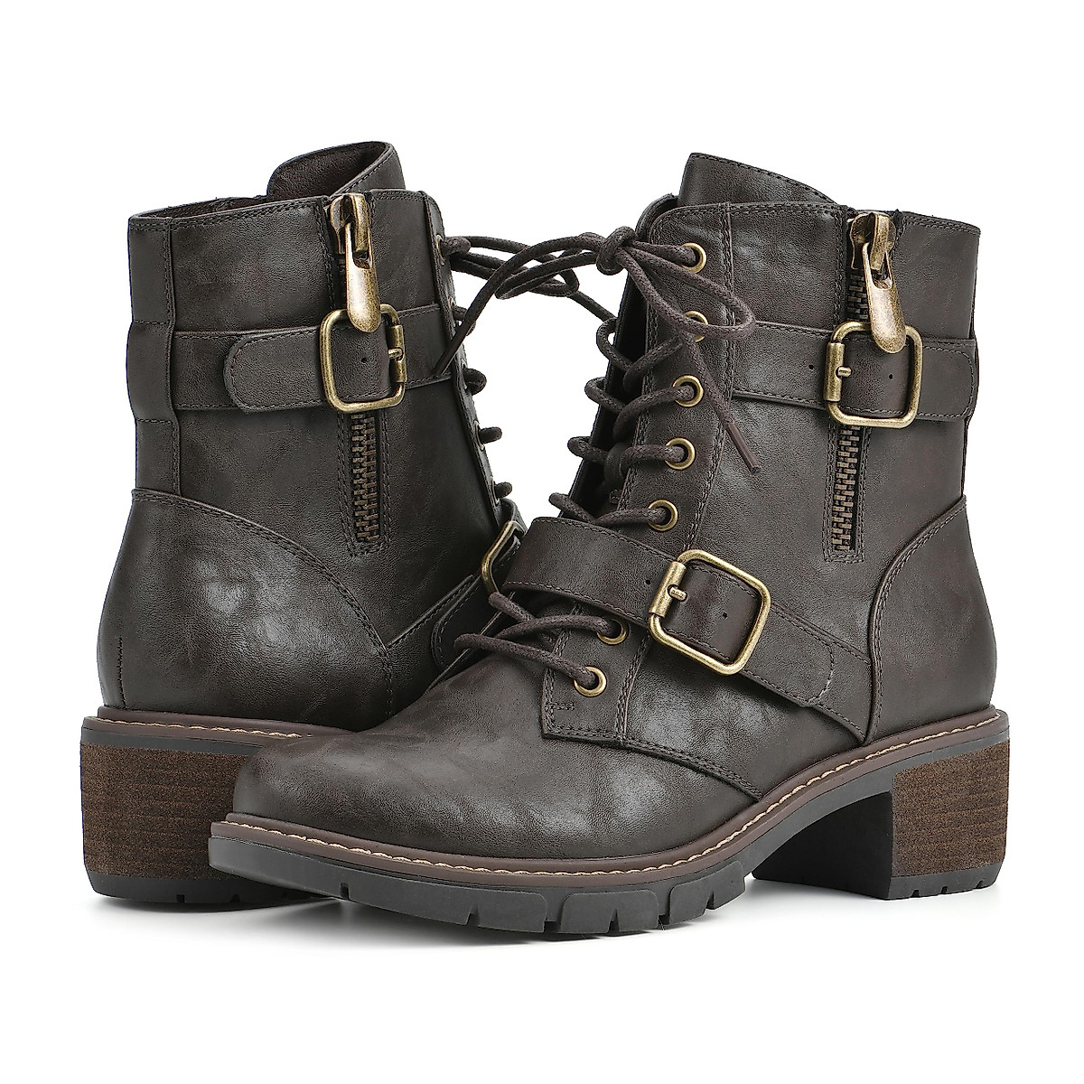 WHITE MOUNTAIN Women's Shoes Crank Block Heel Moto Boot, Dk.Brown/Smooth, 8 M