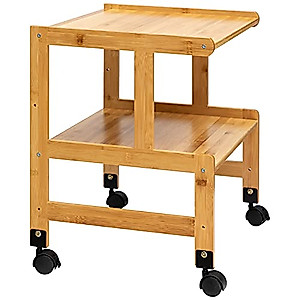 ALIMORDEN Under Desk 2-Tiers Mobile Printer Stand Holder with Storage Shelf , Rolling Cart with Wheels, Bamboo Rack for Home and Office