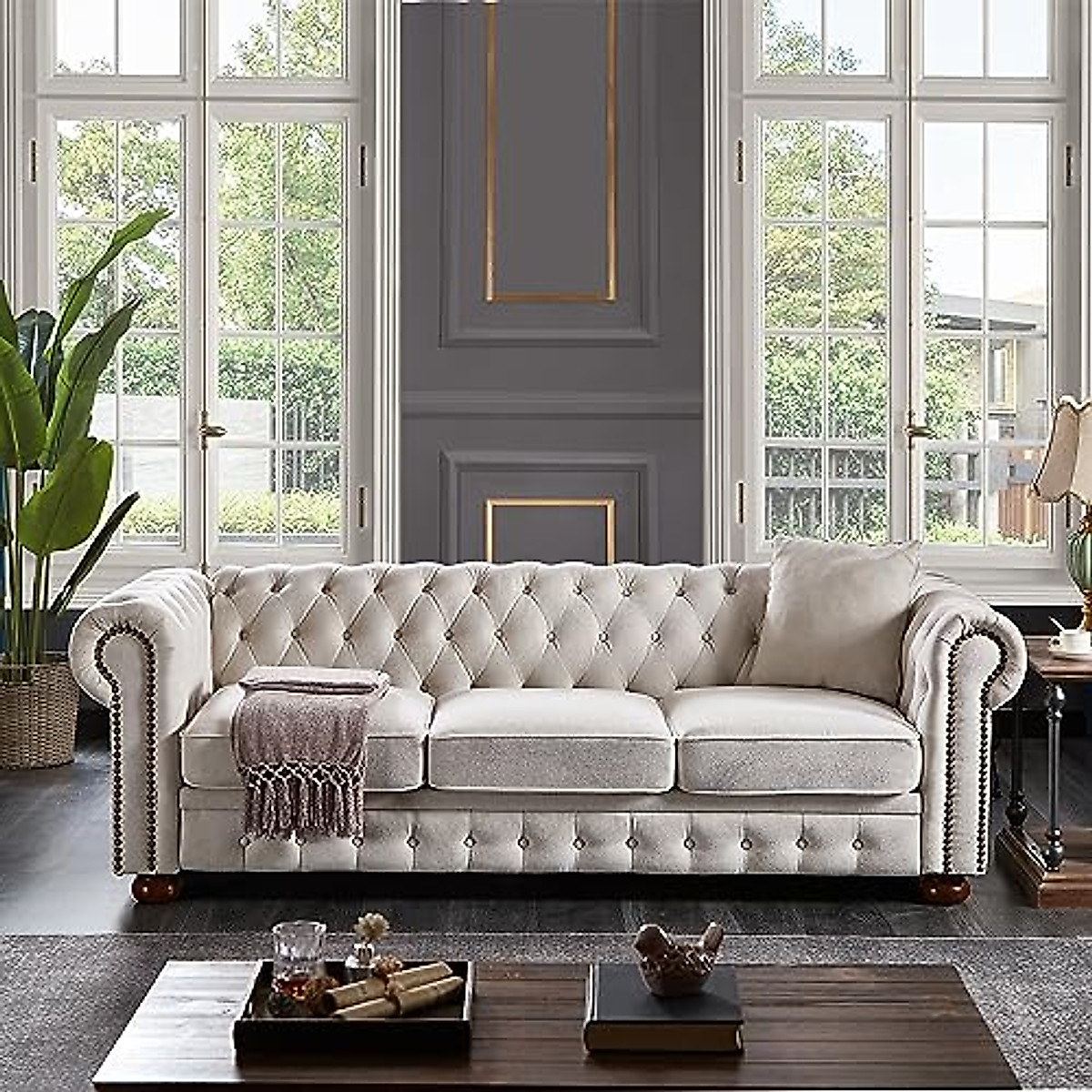 FANYE 88.5" 3-Seaters Chesterfield Clasic Luxury Roller Armrest Special Wood Legs Sectional,Button Tufted Linen Fabric Upholstered Modular Sofa Couch with Removable Cushions & Nailhead Decor, Beige