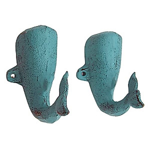 Turquoise Whale Cast Iron Wall Hooks, Wall Mounted for Hanging Coats, Purses, Towels, Hats, Beach Themed Wall Décor, Set of 2, 4 Inches High