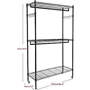 BATHWA Free Standing Closet Wire Shelving Clothing Rolling Rack Heavy Duty Garment Rack with Wheels and Side Hooks