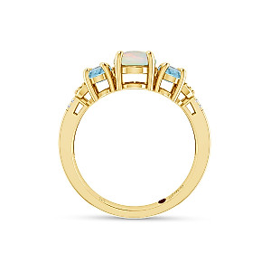 GEMVIO Collection Three Stone Design,Centre 6X8MM Oval Cut Natural Opal & 4X6MM Side Natural Swiss Blue Topaz With Diamond Accent Engagement Ring In 14K Yellow Gold Over Sterling Silver(2 Cttw)-7