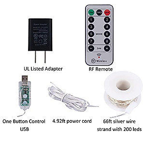 Gardenvy Fairy Lights Plug in, 66ft 200 Mini LEDs String Lights with RF Remote Control, UL Adaptor Included, USB Starry Lights for Christmas Garden Party Indoor Decor, Silver Wire, Cool White