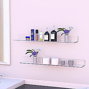 Sezanrpt 36 Inches Clear Long Floating Shelves for Wall, Acrylic Long Wall Shelf, Wall Mounted Shelves for Plants, Radio, Funko Pop, Books, Picture Frame, Clock, Cosmetics, Toiletries, 2 Pack