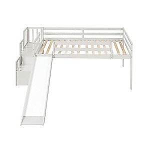 BOVZA Twin Size Low Loft Bed with Stairs and Slide, Wood Bedframe with Safety Guardrails for Kids Boys Girls, White