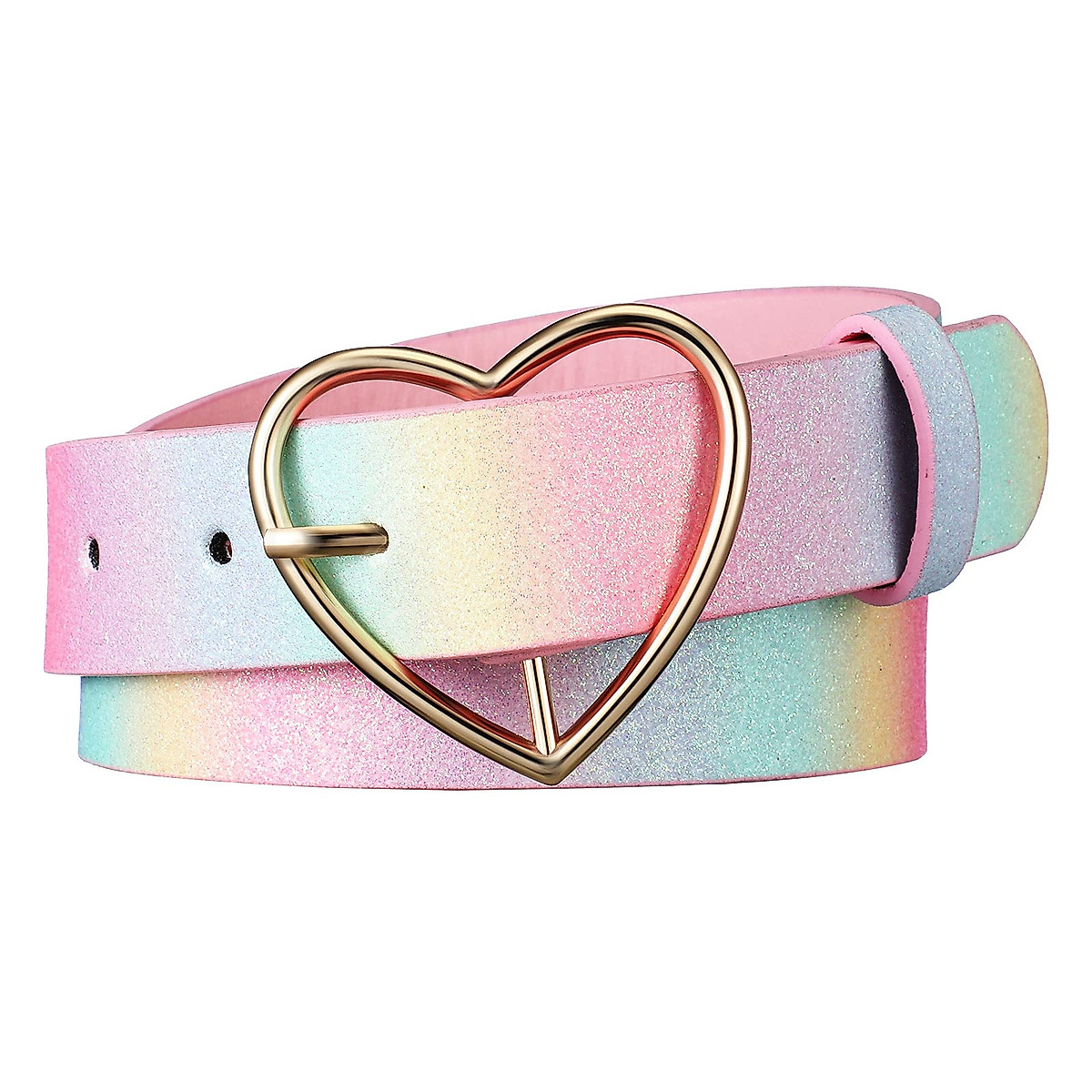 SATINIOR Rainbow Belt PU Leather Waist Belt Women Girls Glitter Belt with Heart Buckle Adjustable Shiny Dress Belt for Jeans Dress