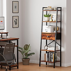 Furologee 5 Tier Ladder Shelf with Drawer, Tall Bookshelf Storage Shelves, Bookcase Standing Shelf Units, Industrial Open Display Shelves Organizer for Bedroom, Living Room, Kitchen, Rustic Brown