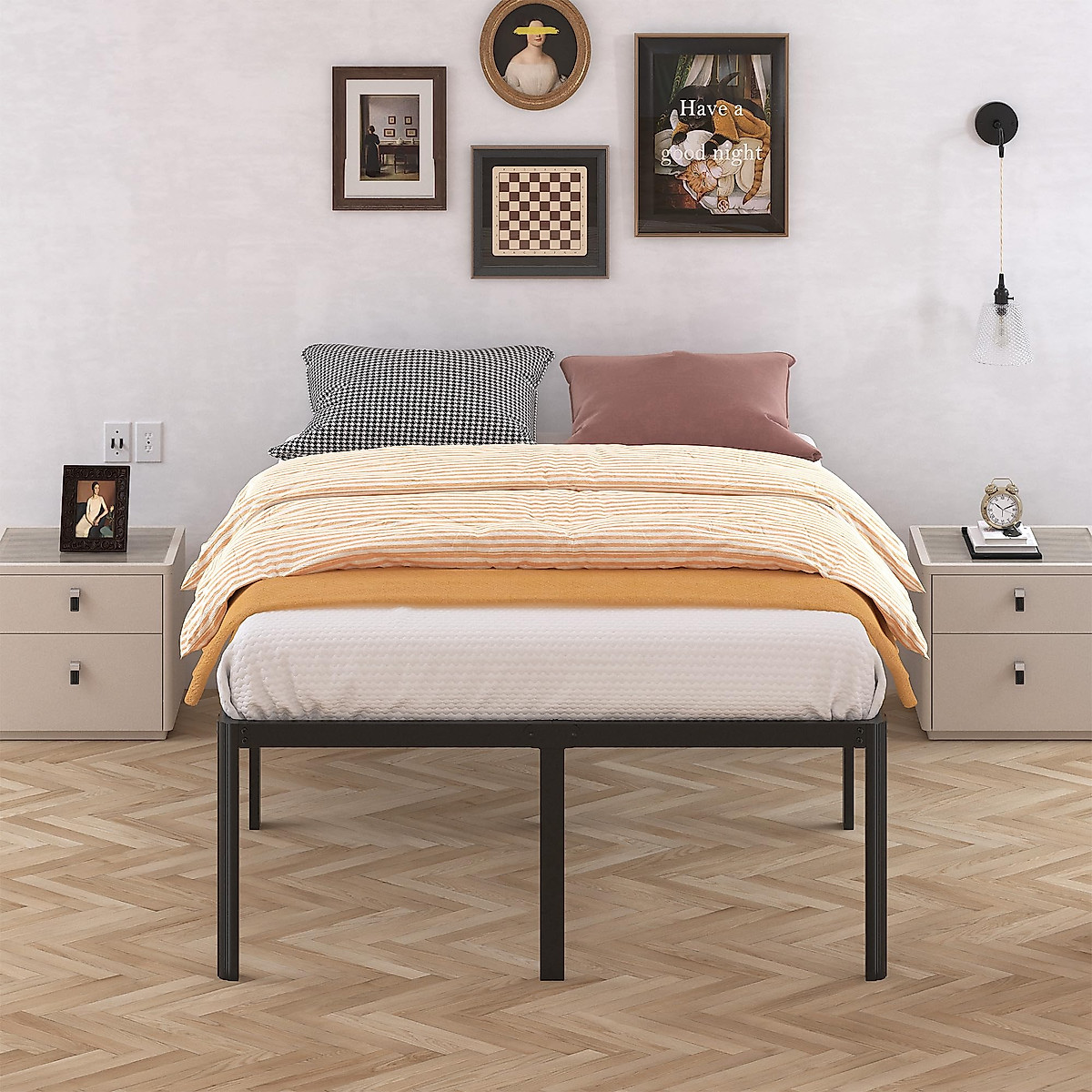 Likelalaso 24 Inch High Queen Bed Frame with Rounded Corner, Heavy Duty Metal Bed Frame Queen Size Under-Bed Storage Space, No Box Spring Needed, Noise Free, Easy Assembly, Black