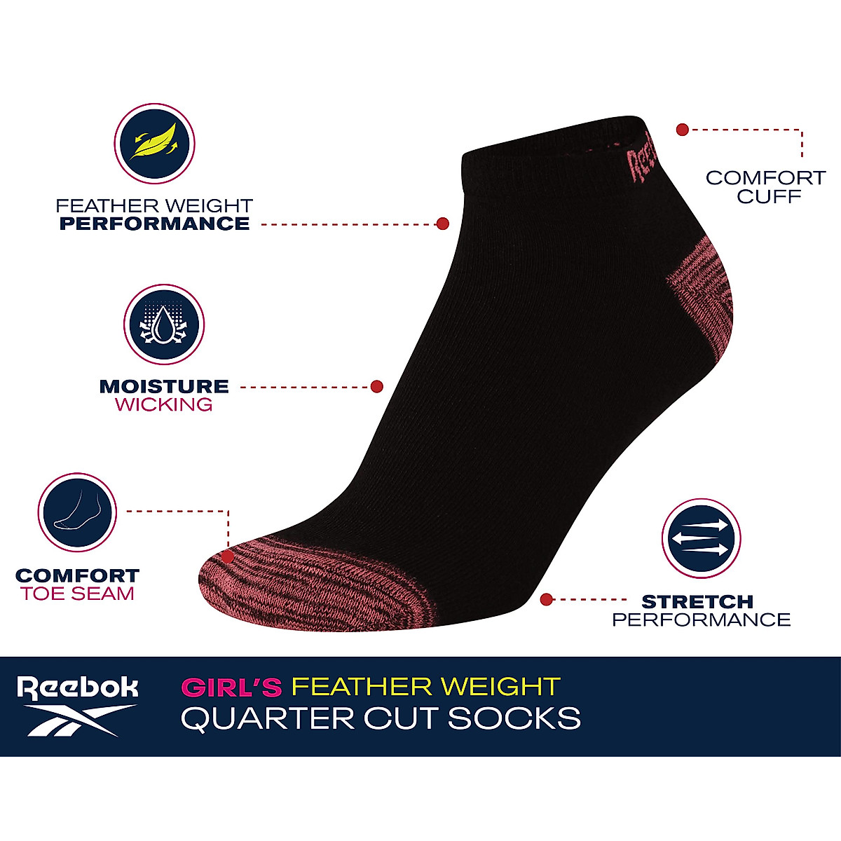 Reebok Girls' Low Cut Socks – 12 Pack Lightweight Breathable Low Cut No Show Socks for Girls - Girl's Athletic Socks, Size Medium, Pink Assorted
