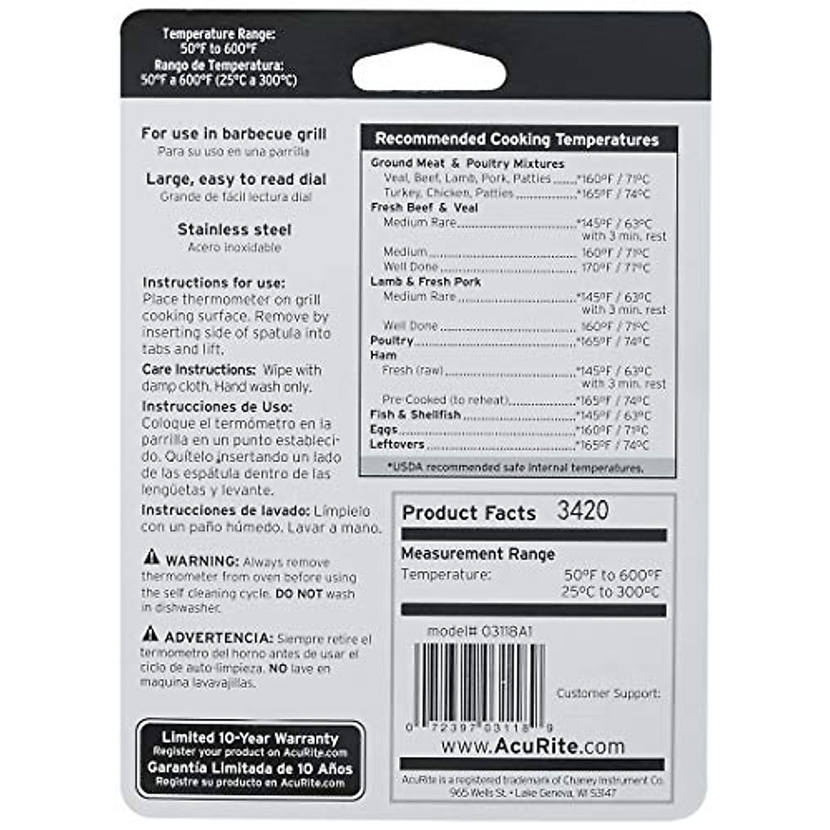 AcuRite 3118 Stainless Steel Grill Surface Thermometer