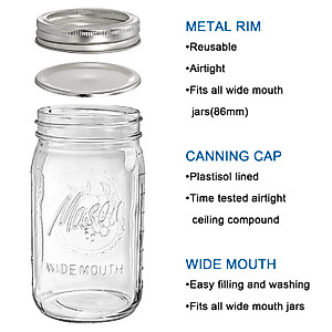 Tebery 6 Pack Wide Mouth Mason Glass Jars, 32Oz Clear Glass Jar Canning Jars with Lids and Bands for Canning, Freezing, Preserving, Beverages & Jar Decor