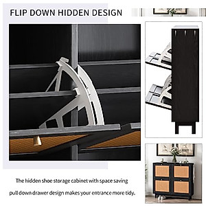 Wekity Rattan Boho Style Shoe Cabinet with 4 Flip Drawers, Modern 2-Tier Shoe Storage Organizer with Large Space, Free Standing Shoe Rack for Entrance Hallway (Black)