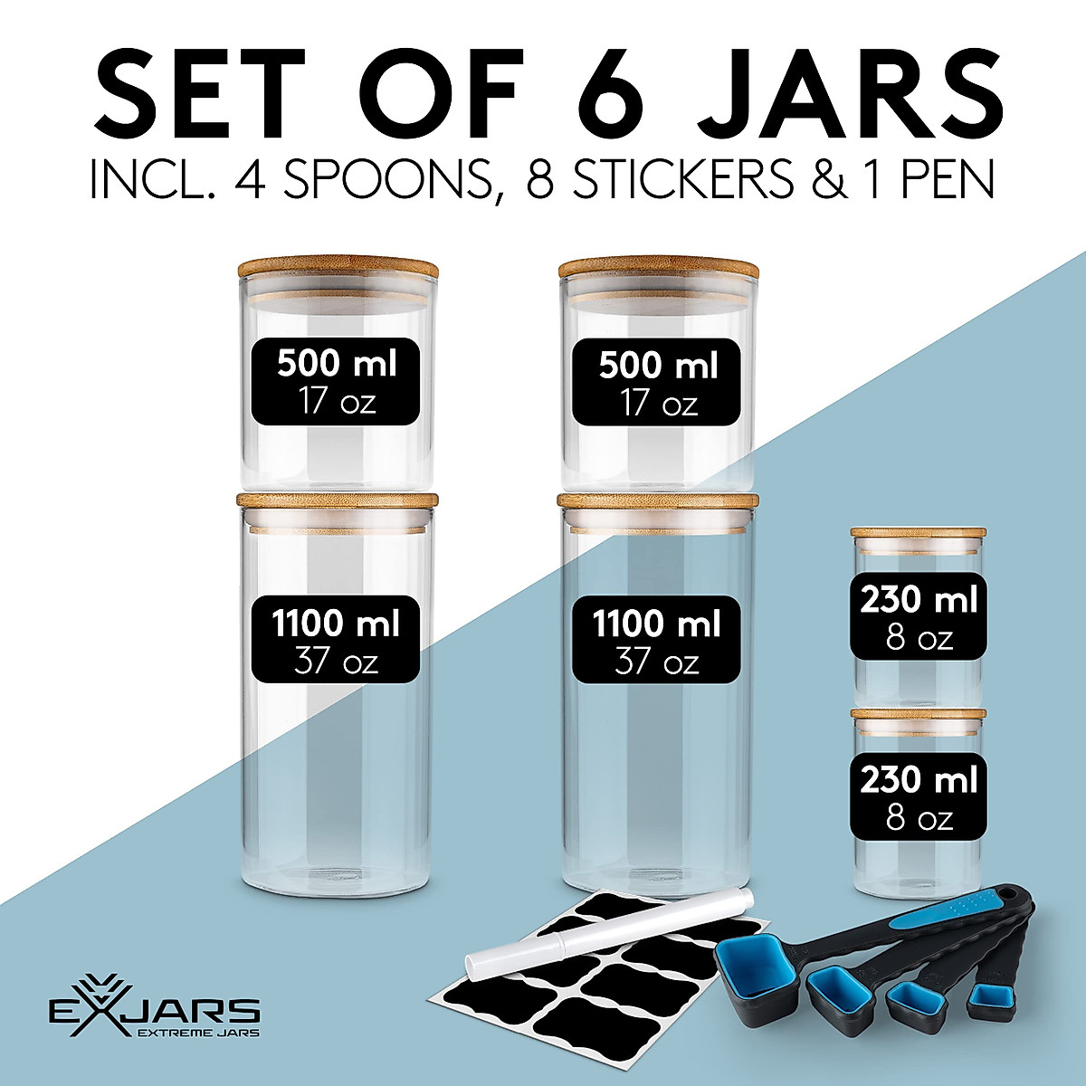 6 Glass Food Storage Jars With Airtight Bamboo Lid | 3 Sizes of Containers with Spoons And Labels | Organize Your Pantry, Kitchen, or Bathroom. Good for Pasta, Use Them For Coffee, Food, or Soap