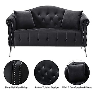CALABASH 59.4" Settee Loveseat Upholstered Chesterfield Love Seat Button Tufted Sofa Couch with Nailhead Trimming Rolled Arms with 2 Pillows for Bedroom (Black, Loveseat)