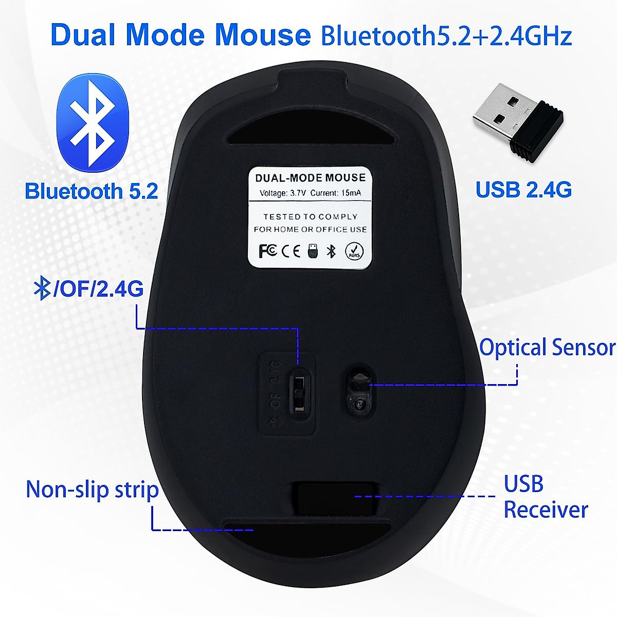Wonzir Rechargeable Wireless Mouse,Bluetooth 5.2 & 2.4G Portable Optical Mouse with USB Receiver,3 Adjustable DPI for Laptop,MacBook,PC,Windows, iPad,Android OS System (Black)