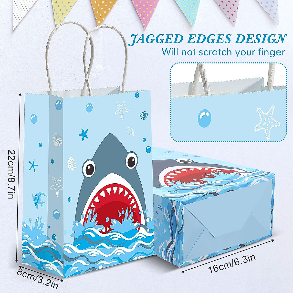 16 Pieces Shark Party Bags with Paper Twist Handles, Blue Shark Theme Candy Goodie Bags Present Bags for Kids Summer Ocean Sea Baby Shower Birthday Party Supplies, 6.3 x 3.1 x 8.7 Inch