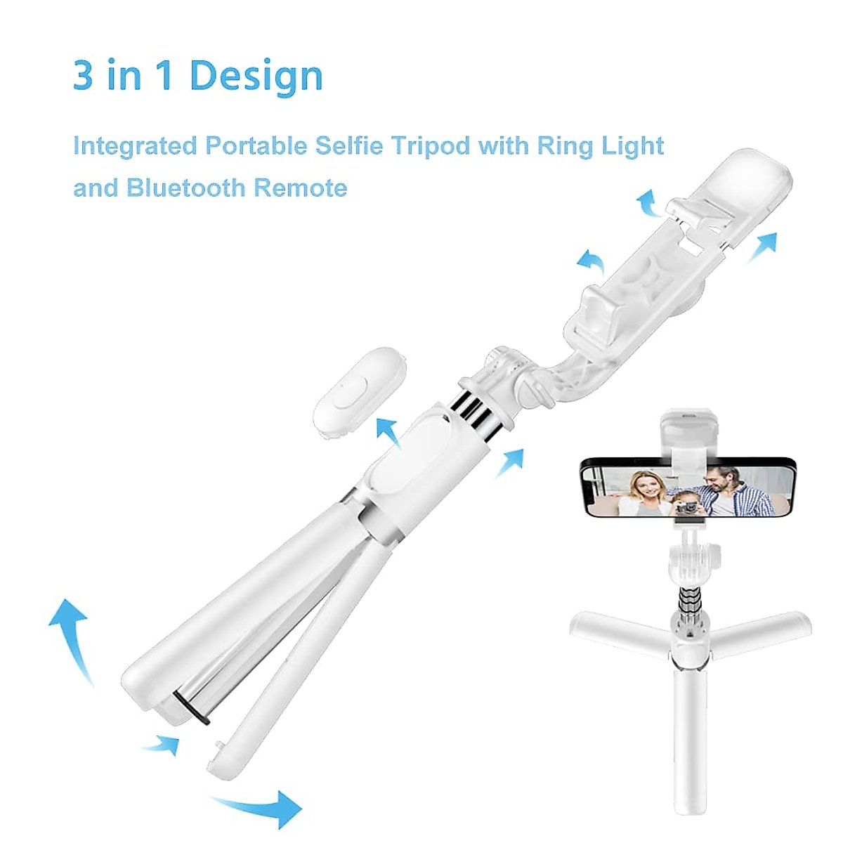 Ambertronix 40" Lighted Selfie Stick Tripod, Removable Bluetooth Remote, 3 Light Modes, 6 Brightness Levels, Lightweight, Portable, Compatible with All iPhone & Android Devices, White (2022Upgrade)