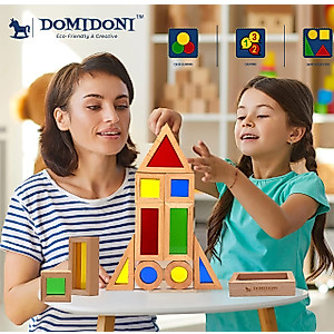 DomiDoni Wood Building Blocks Set - Montessori Toys Wooden Stacking Blocks for Toddlers Baby Boys and Girls - Preschool Shape Sorting and Stacking Wooden Toys Gifts for Kids