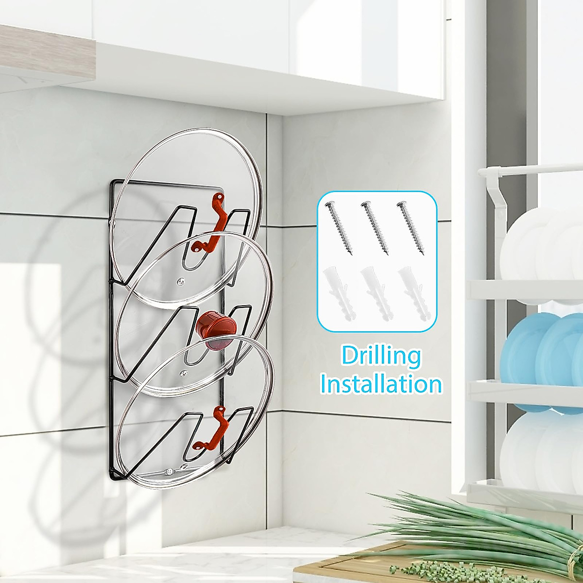 EXAIEW 2 Pack Pot Lid Organizer Rack, 6-Tier Pot Lids Holder for Cabinet Wall/Door Mount, No Drilling Adhesive Door/Wall Mounted Pots And Pans Organizer For Kitchen Storage, Classic Black