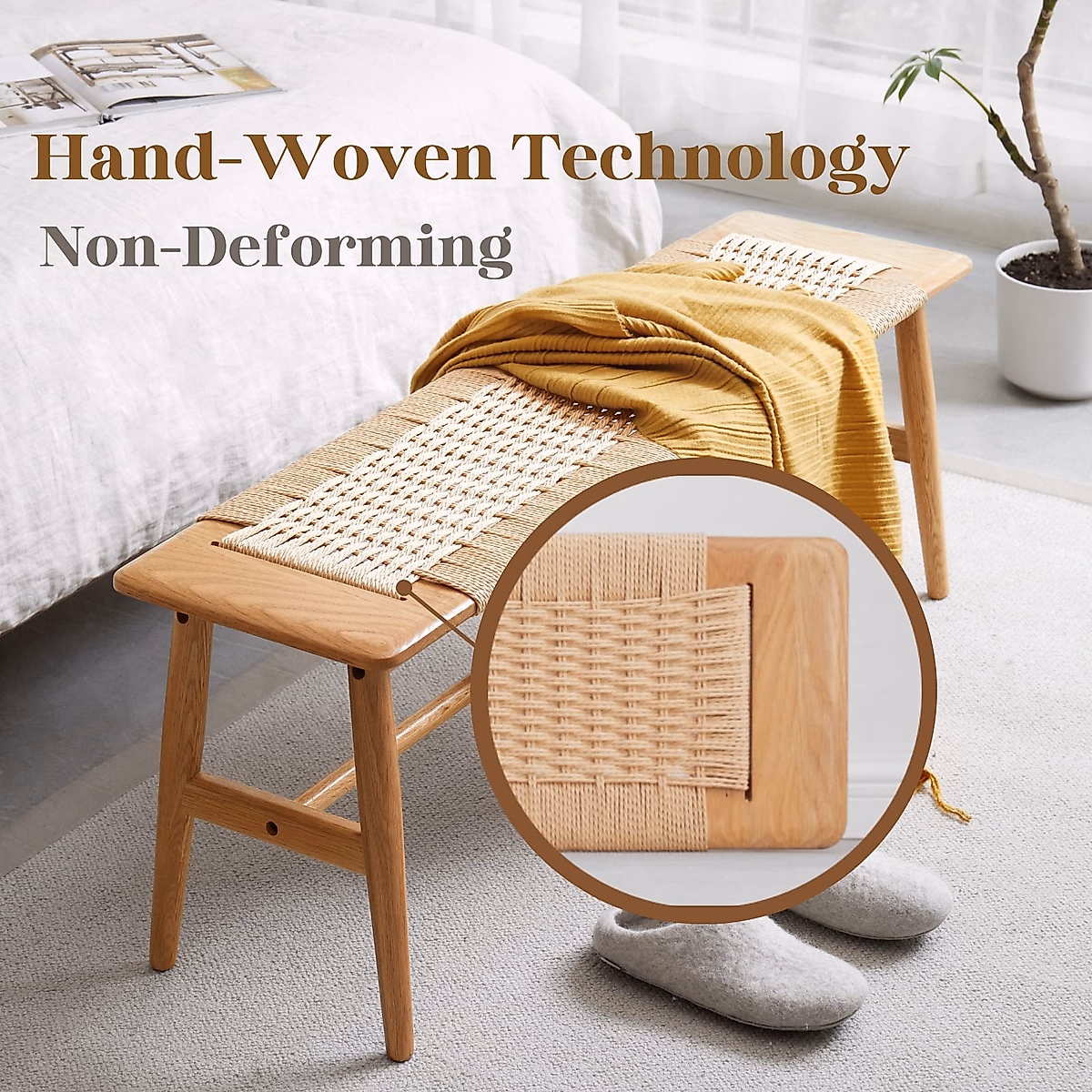 Hymus 32" L 100% FAS Oak Wooden Bench Indoor - Solid Wood Rope Woven Entryway Bench, Dining Bench, Boho Furniture for Entryway, Dining Room, Bedroom, Kitchen (Natural)