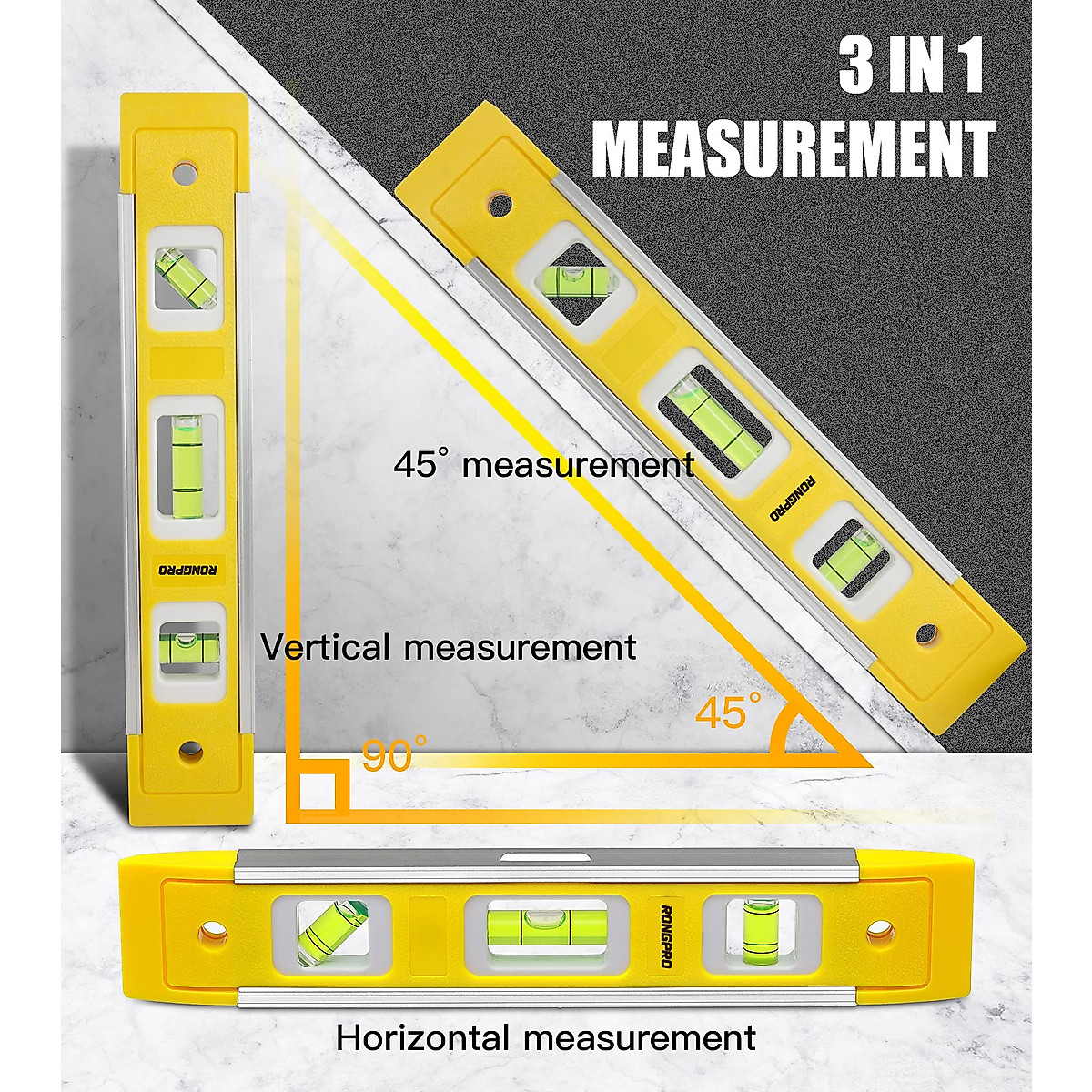 RONGPRO 9 Inch Torpedo Level, Magnetic Box Level with 45°/90°/180° Bubbles, Shock Resistant Bubble Level Tool for Measuring