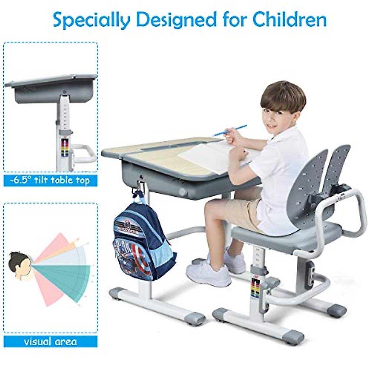 BABY JOY Kids Desk and Chair Set, Height Adjustable, Children's Study Table with Large Storage Space, Ergonomic Winged Backrest Chair, Student School Desk Set Great Gift for Ages 3 to 14 (Gray)