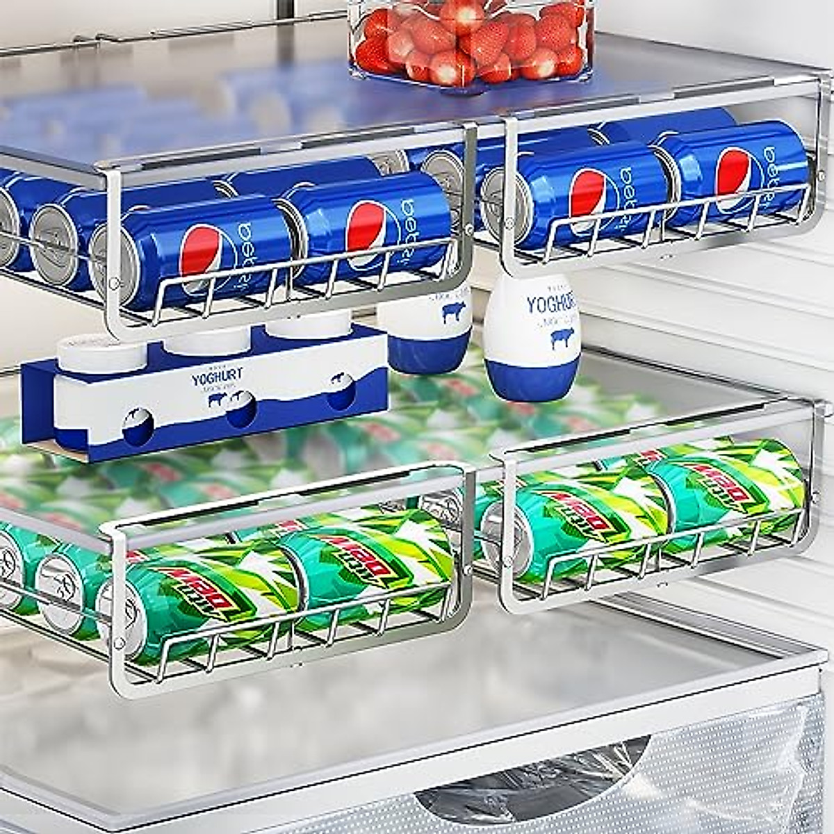 Soda Can Storage for Refrigerator, Hanging Soda Can Organizer Stainless Steel Soda Can Holder for Refrigerator Soda Can Dispenser for Fridge Can Drinks Rack Container with Adjustable Rail Design
