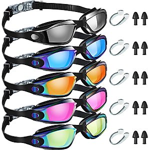 Macarrie 5 Pairs Swimming Goggles Adult Anti Fog Pool Goggles Kids No Leaking Swim Glasses with Ear Plugs Nose Clip(Plain Color)