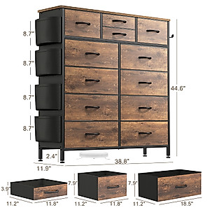 Lulive Dresser for Bedroom with 12 Drawers, Tall Dresser Chest of Drawers with Side Pockets and Hooks, Fabric Dresser Storage Tower for Closet, Hallway, Living Room (Rustic Brown)