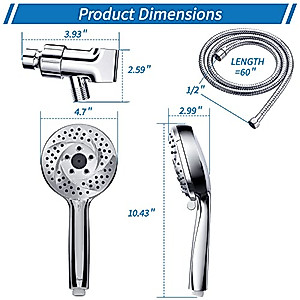 Atthomie Modern Shower Head with 6 Spray Settings, Anti-Clog Detachable & Removable, 60 Inch Stainless Steel Hose, Adjustable Brass Joint, Tool-Free Installation