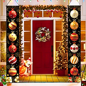 2PCS Christmas Porch Sign Door Banner Decorations, Black Red Merry Christmas Ornament Balls Porch Door Hanging Banner Supplies Indoor Outdoor Xmas New Year Decor Wall Front Door Yard Garage 71x12Inch